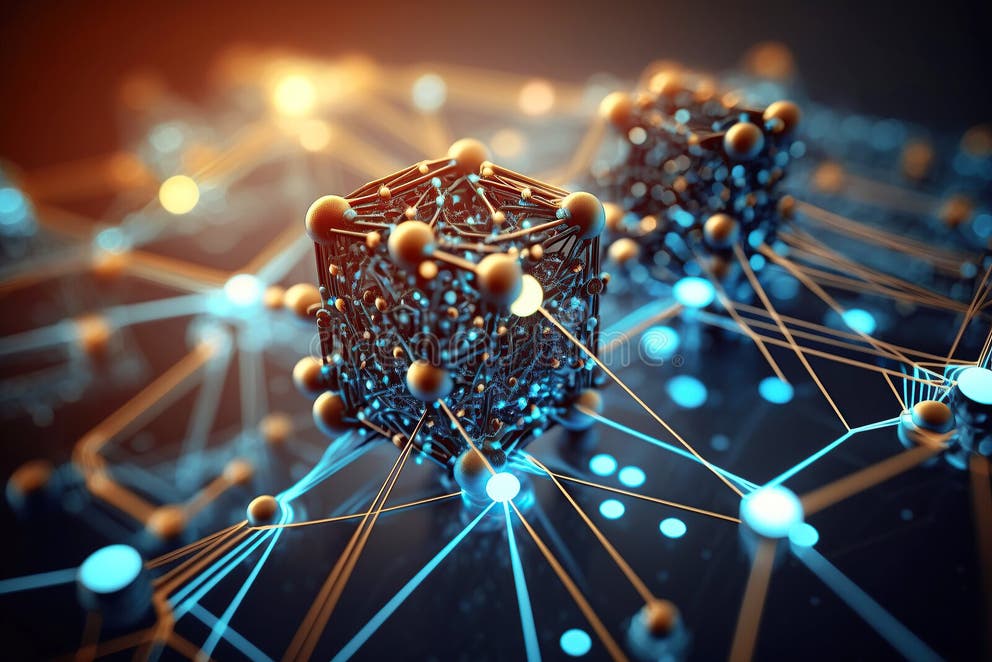 Global Network. Blockchain 3D Illustration. Neural Networks and Artificial Intelligence ...