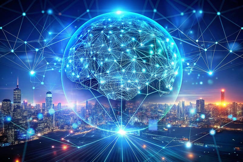 Global Network, Brain, City, Technology, AI on the Background Stock ...