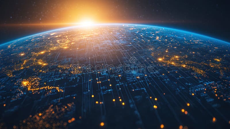 Global Network of Cities, Earth S Illuminated Surface with Digital ...