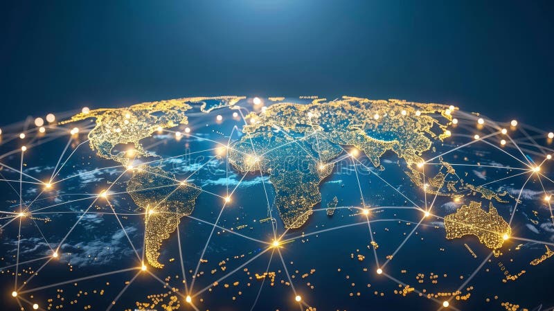 Global Network and Communication Concept Illuminated Earth with Nodes ...