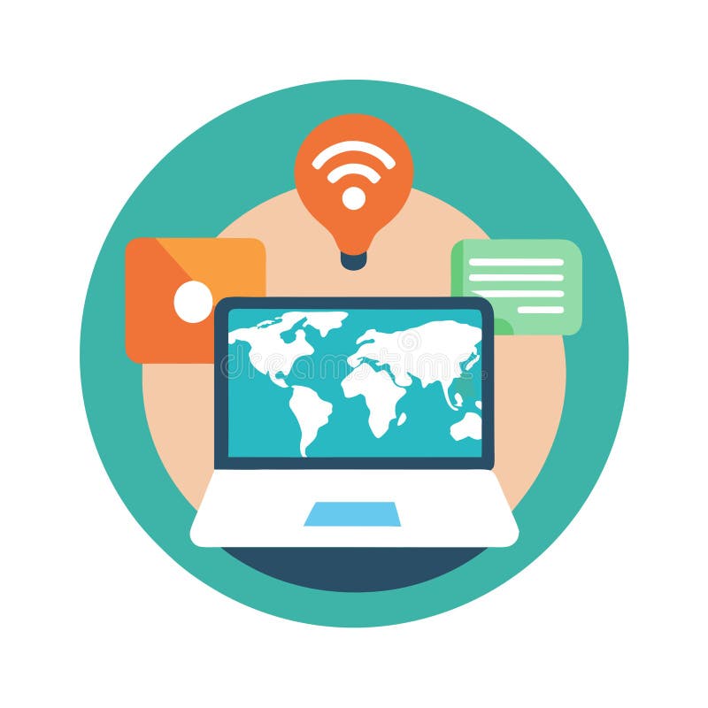 Global Network Communication: Laptop with World Map, Wifi, and Message ...