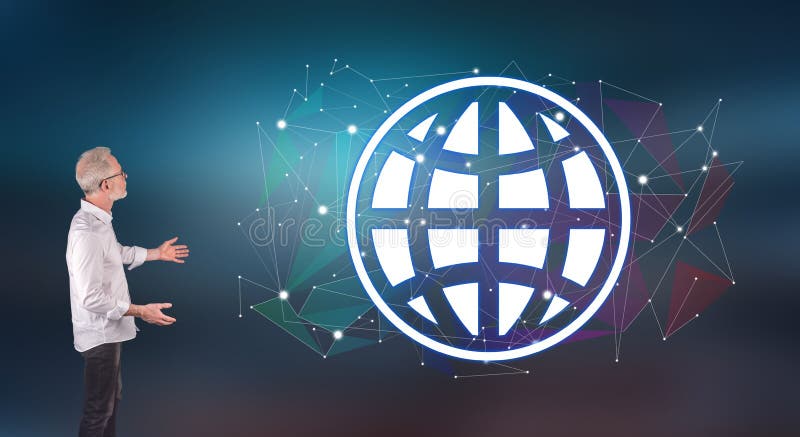 A Global Network Concept Explained by a Businessman on a Wall Screen ...