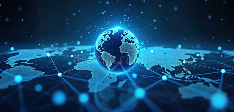 Global Network Concept Illustration Shows Earth Globe with Glowing Blue ...