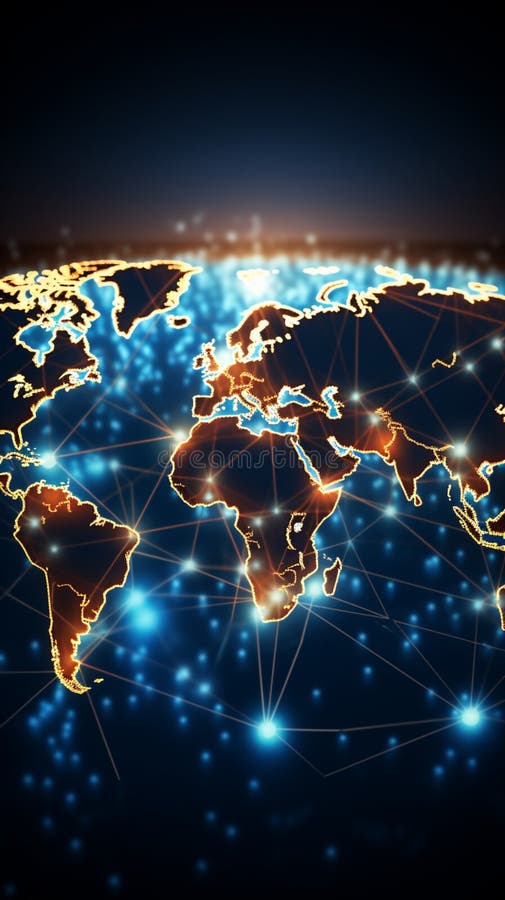 Global Network Concept World Map Glowing on a Dark Background Stock ...