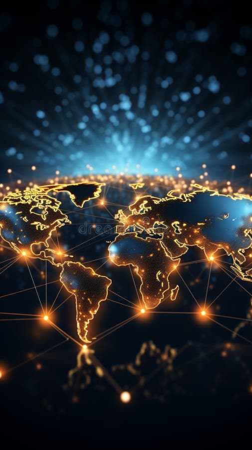 Global Network Concept World Map Glowing on a Dark Background Stock ...