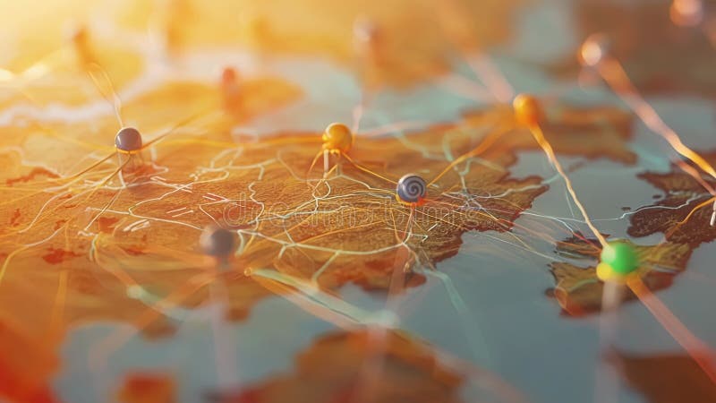 Global Network Connecting Cities with String on Map Pinpointing ...