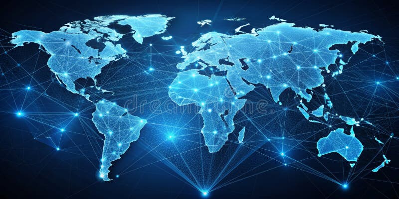 Global Network Connection Blue World Map with Connected Lines and Nodes ...
