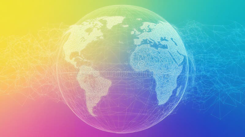 Global Network Connection Colorful World Map Abstract Design Mesh Data Lines Globe Earth Stock