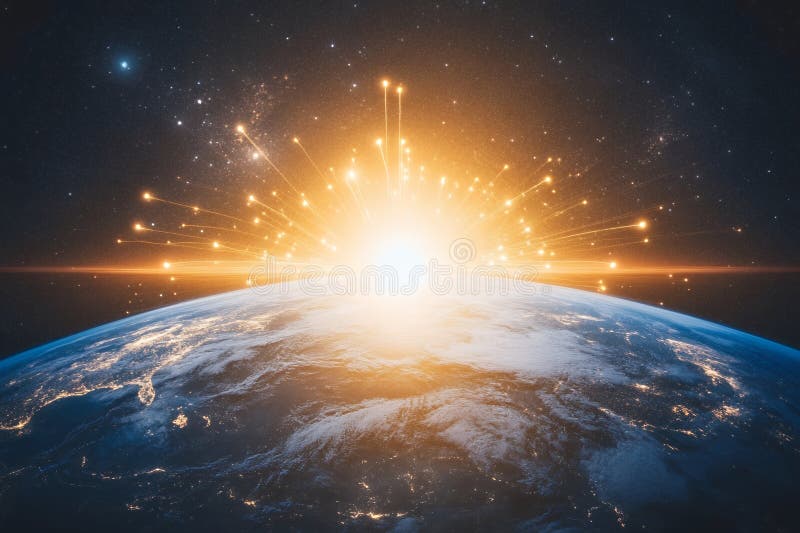 Global Network Connection Earth Sunrise with Bright Light Streaks Stock ...