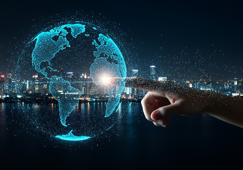 Global Network Connection Futuristic Cityscape at Night Digital Earth ...