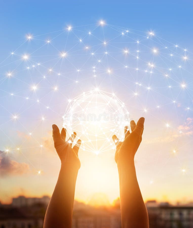 Global Network Connection in Hands on Sunset Background Stock Photo ...