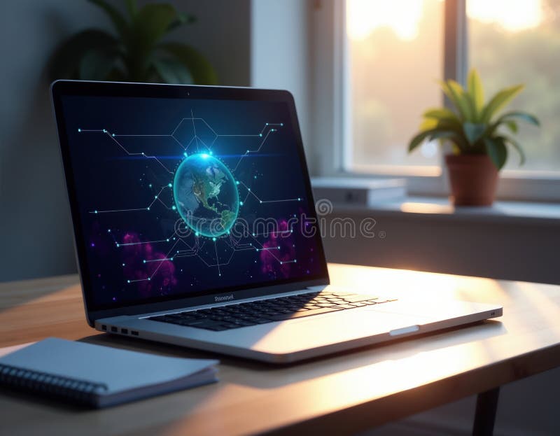 Global Network Connection on Laptop Screen at Sunset Stock Illustration ...