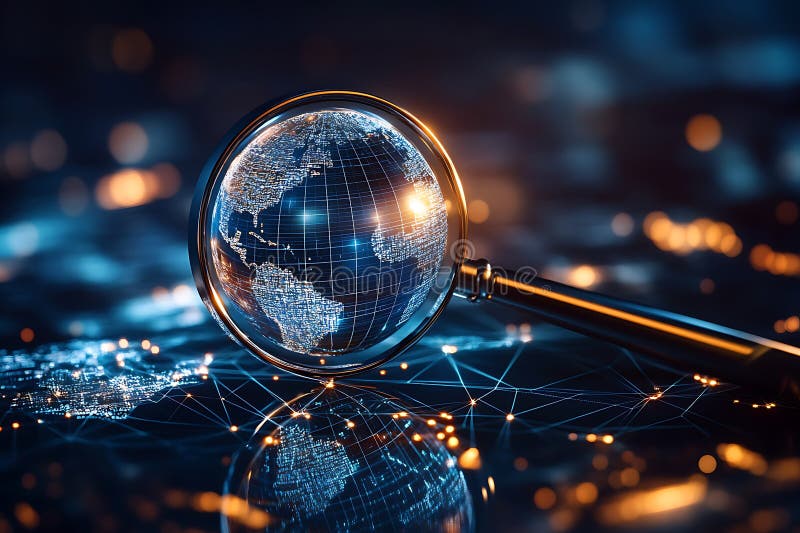 Global Network Connection Magnifying Glass on Illuminated Earth Stock ...
