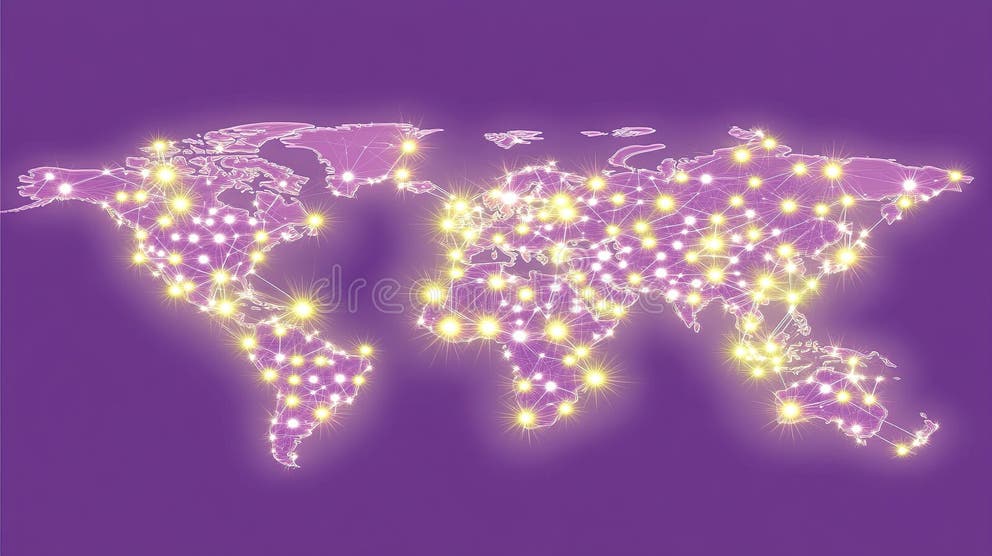 Global Network Connection Map, Glowing Nodes, Purple Background ...