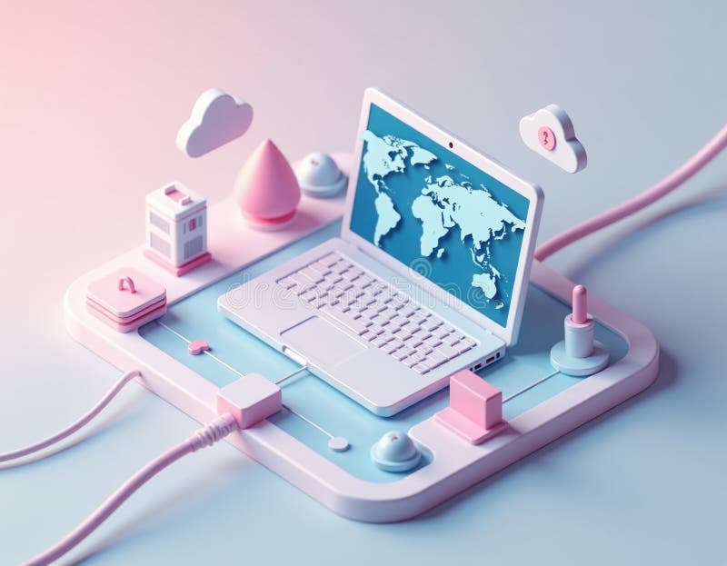 Global Network Connection Pastel Laptop with Cloud Computing and Data ...