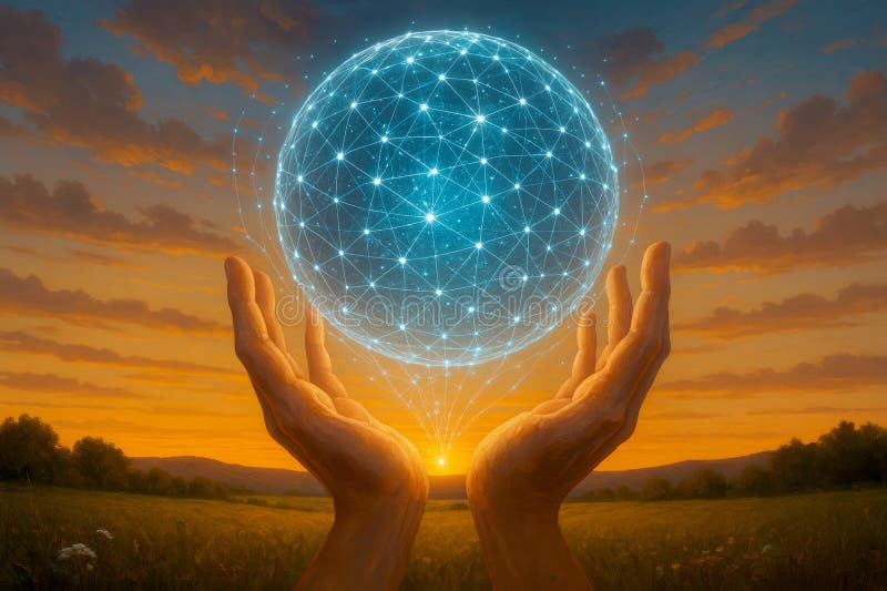 Global Network Connection Sunset Hands Holding Stock Illustration ...