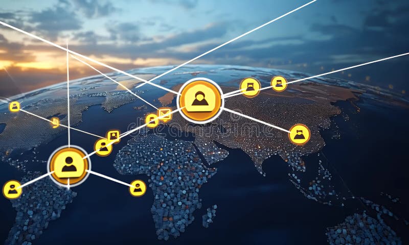 Global Network Connection Visualization on a Dark Blue Earth at Sunset ...