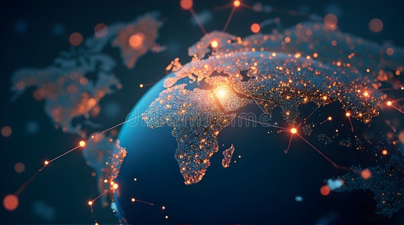 Global Network Connection with World Map and Glowing Nodes Stock Illustration - Illustration of ...