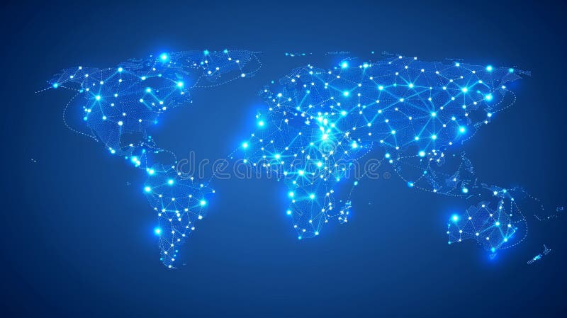 Global Network Connection. World Map with Glowing Points and Lines on ...