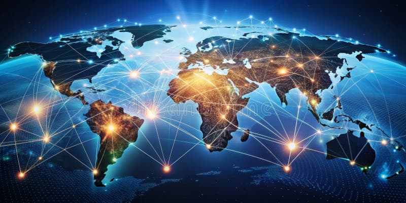 Global Network Connection - World Map with Light Lines - 3D Rendering ...