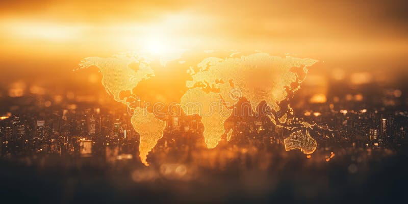 Global Network Connection World Map Over Illuminated Cityscape at ...