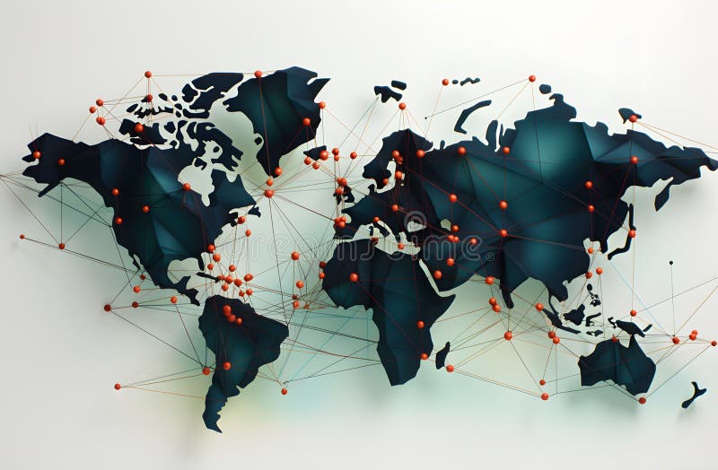 Global Network Connection on World Map. Polygonal Structure and Dots ...