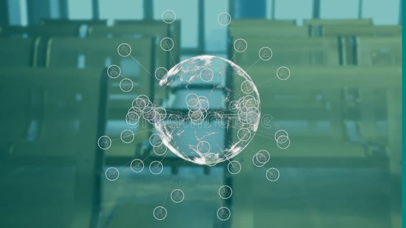 Global Network Connections Animation Over Empty Classroom with Desks ...