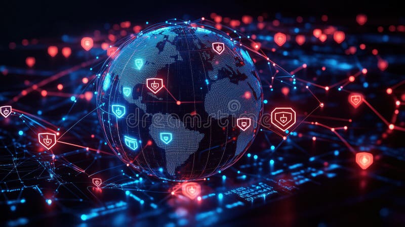 Global Network Connections, Cybersecurity Icons Visualized on Digital ...