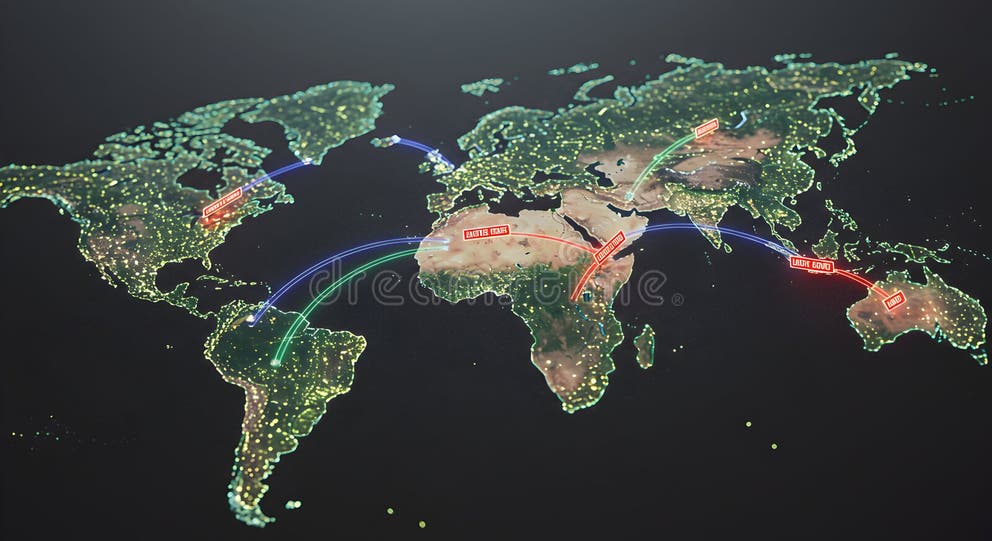 Global Network Connections: Illuminated World Map Showing ...