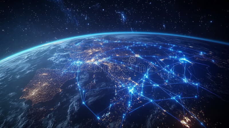 Global Network Connections at Night Earth Stock Illustration ...