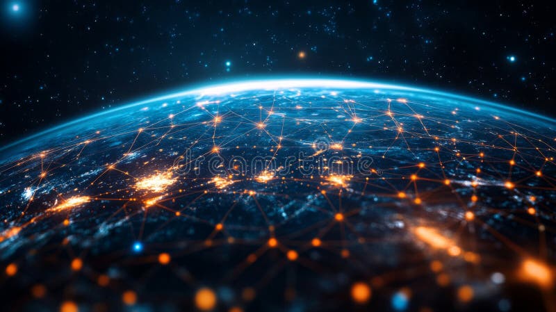 Global Network Connections at Night: Orange and Blue Digital Earth ...