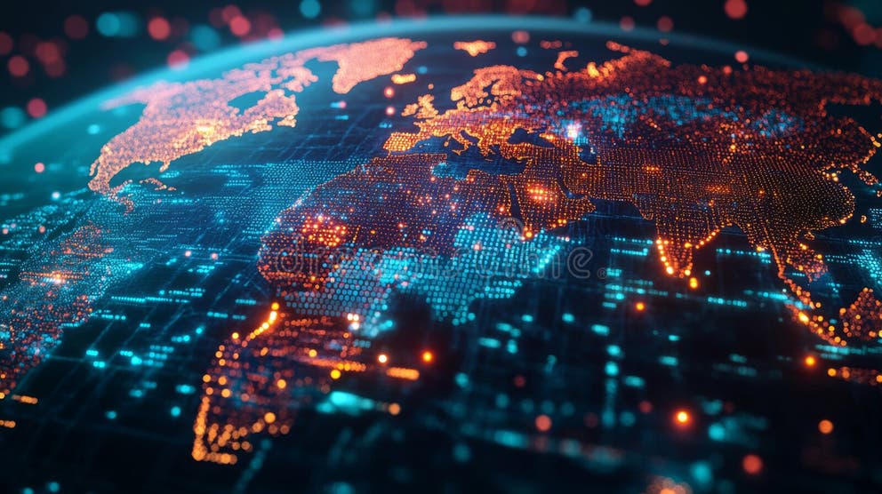 Global Network Connections: Orange and Blue Digital World Map Stock ...