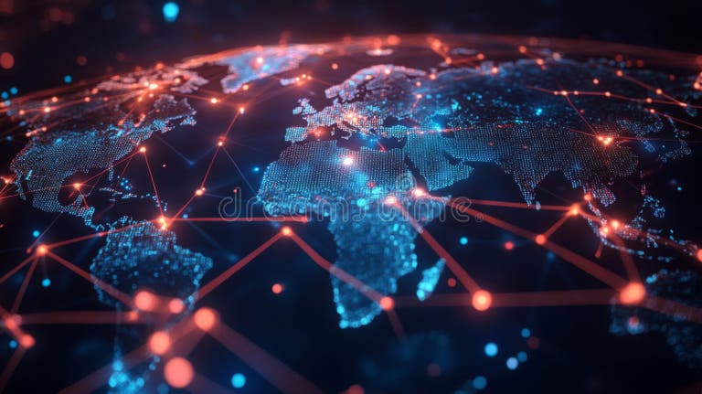 Global Network Connections: Red and Blue Digital World Map Stock ...