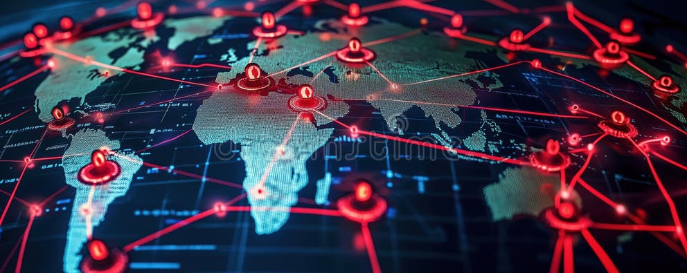 Global Network Connections Visualized with Red Nodes and Digital World ...