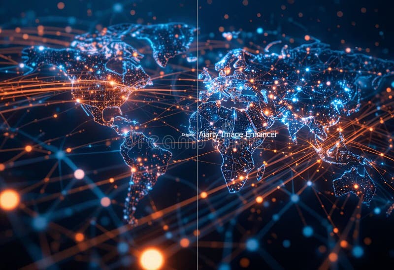 Global Network Connections Visualized on a World Map Stock Image ...