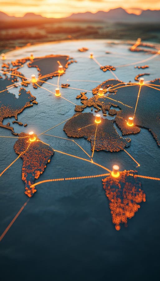 Global Network Connections. World Map with Glowing Nodes and Lines ...