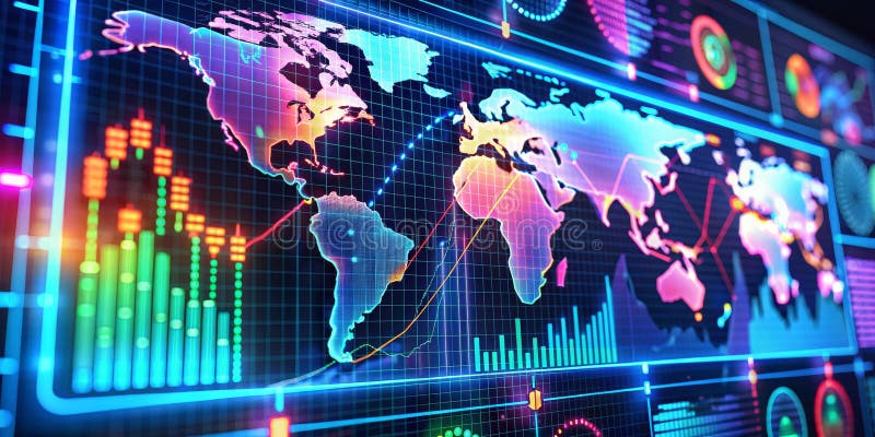Global Network Data Analysis Neon World Map with Charts and Graphs ...