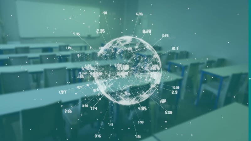 Global Network Data Animation Over Empty Classroom with Desks and ...