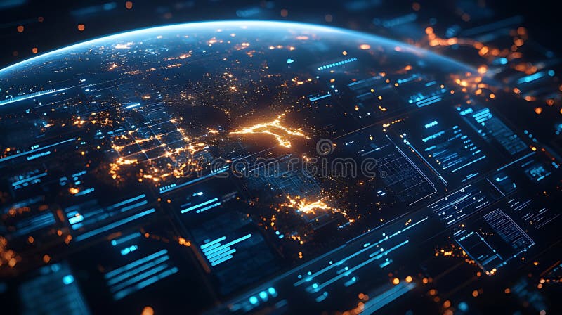 Global Network Data Streams Flow Over Earth at Night Stock Illustration ...