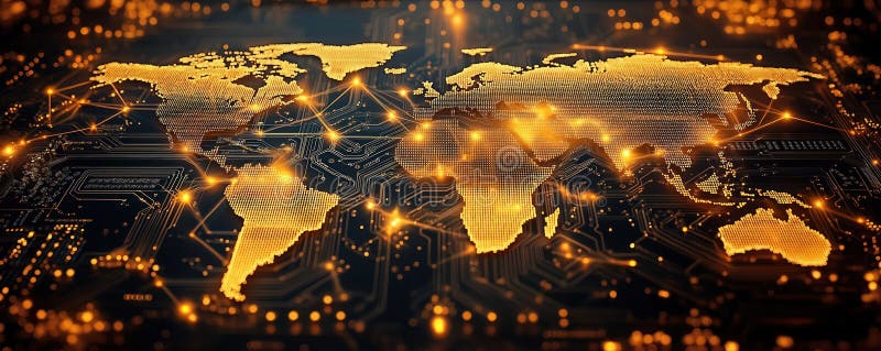 Global Network of Data Transfer. World Map on Circuit Board with ...