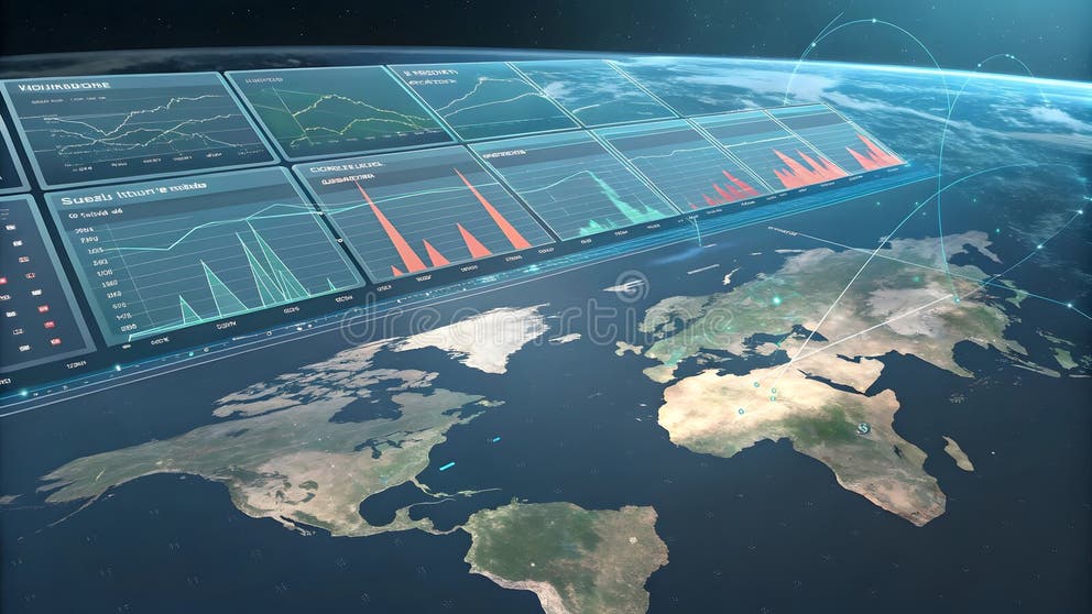 Global Network Data Visualization: Futuristic World Map with Interactive Charts and Graphs Stock ...