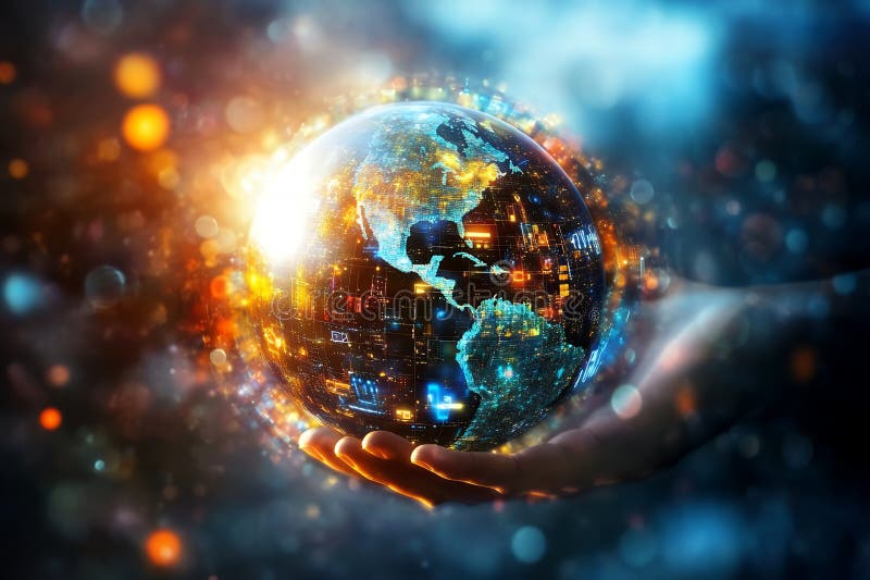 Global Network Digital Earth in Hands Illuminated Futuristic Technology ...