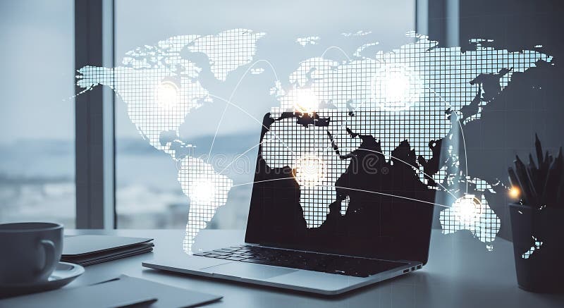 Global Network Digital World Map on Laptop Screen Image Stock ...