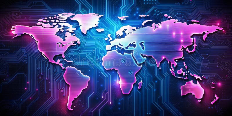 Global Network a Digital World Map with Neon Circuitry, World Map, Neon ...
