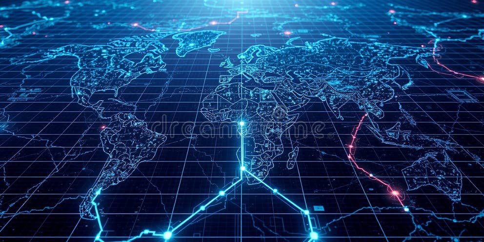 Global Network Digital World Map Technology Lines Blue Red Abstract ...