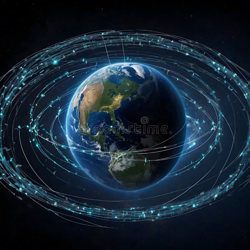 Global Network: Earth Surrounded by Satellite Ring and Flowing Data ...