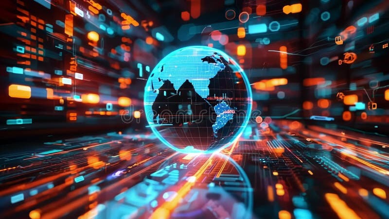 Global Network Flowing Around Digital Planet Earth Inside Server Room ...