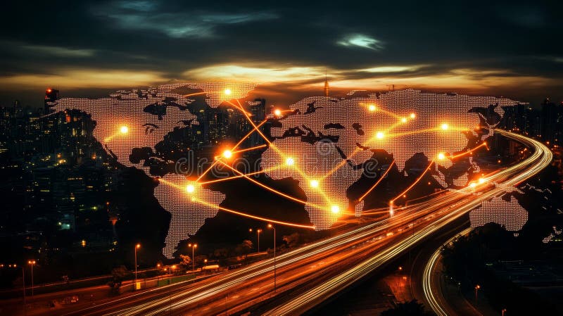 Global Network Futuristic Cityscape with Illuminated World Map and ...
