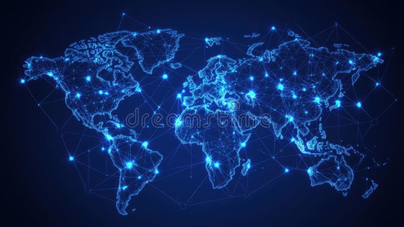 Global Network a Glowing World Map of Interconnections and Digital ...