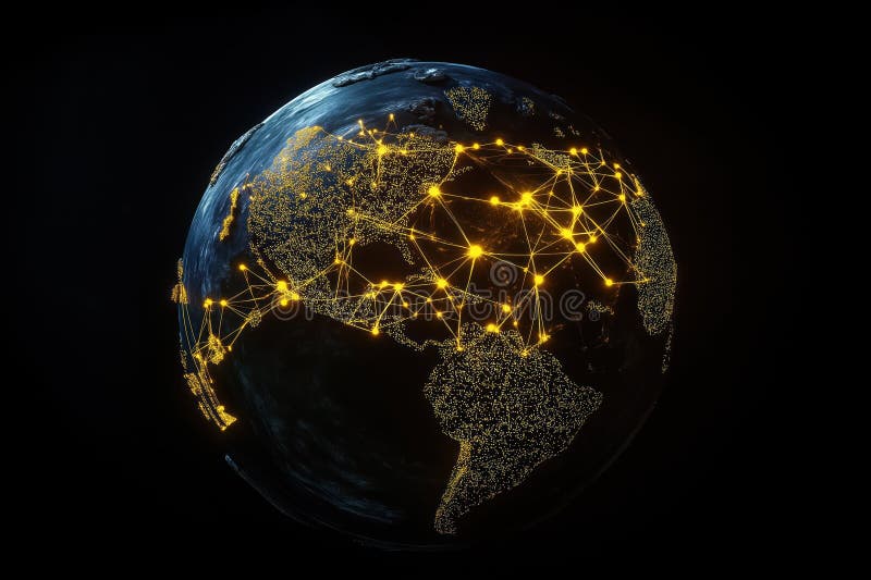 Global Network Glows Brightly Around Planet. Yellow Lines Connect ...